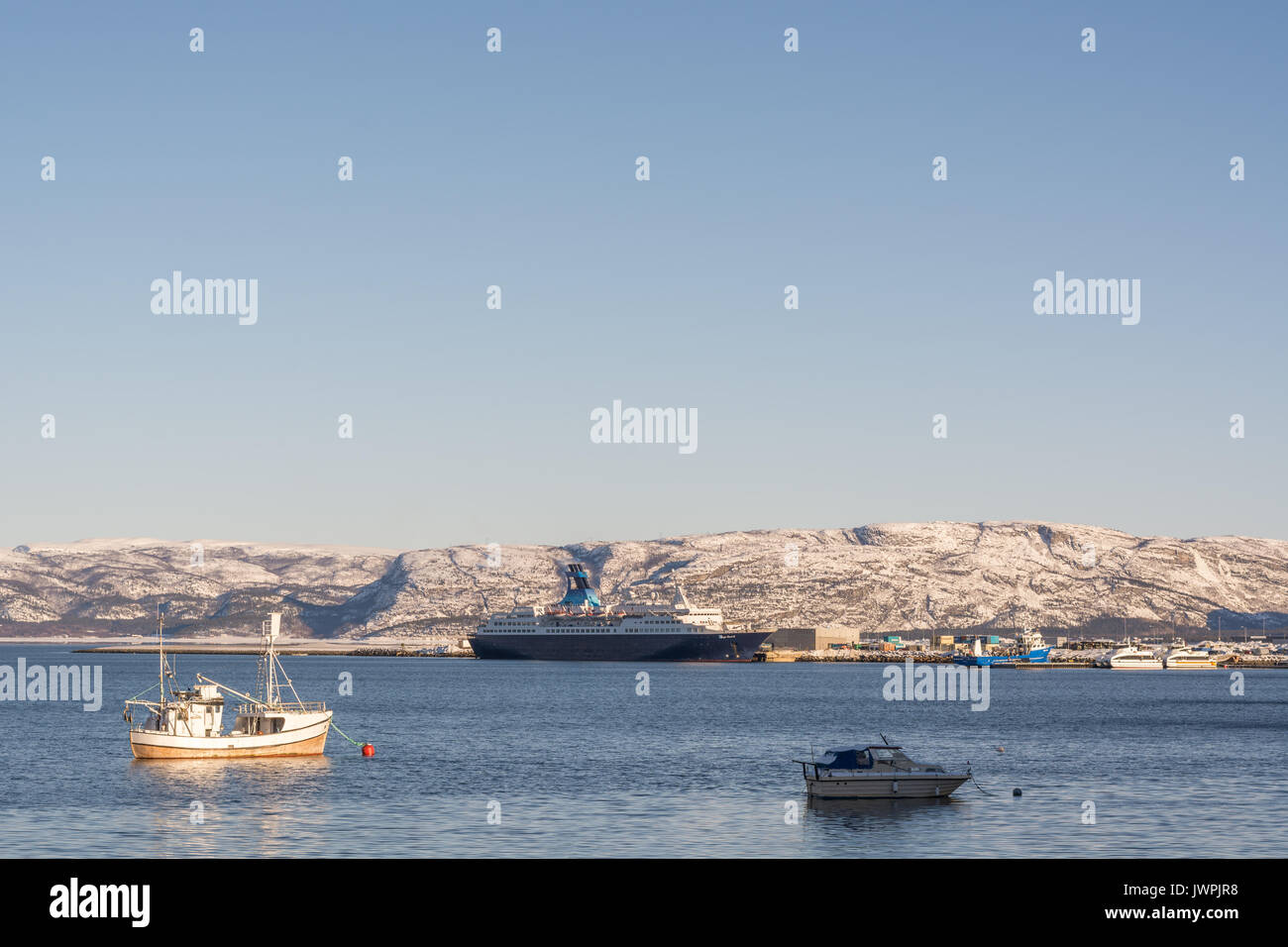 Cruiseship cruise ship shore Alta Finnmark Norway winter tourists ...