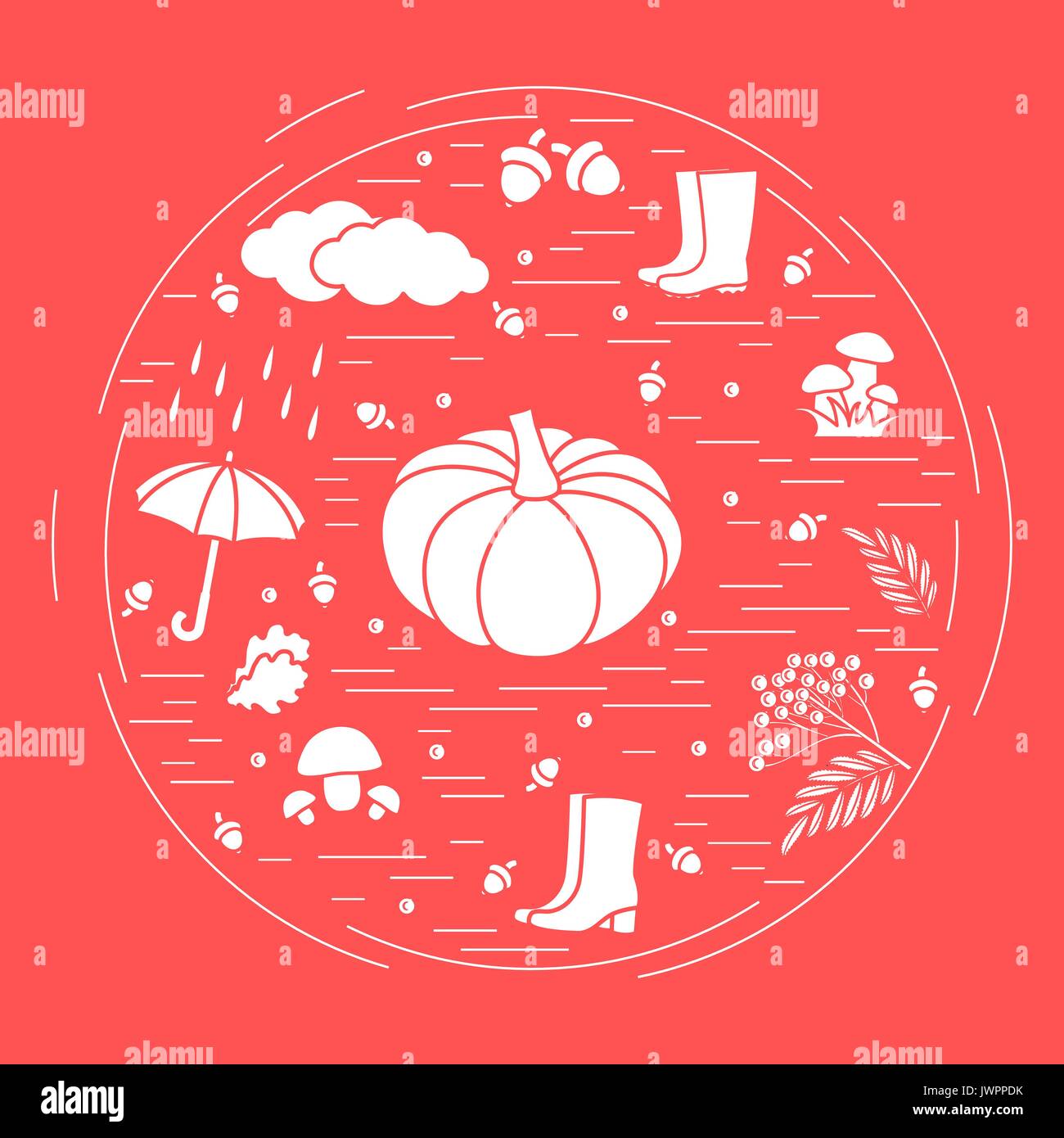 Vector illustration of different autumn seasonal symbols arranged in a ...