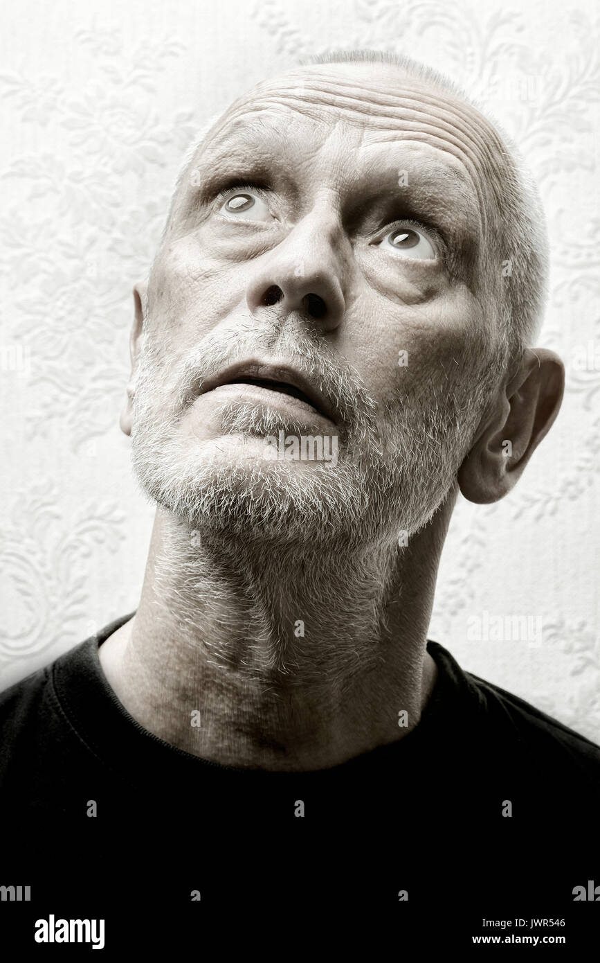 Black and white portrait of an agape and inquisitive caucasian adult ...