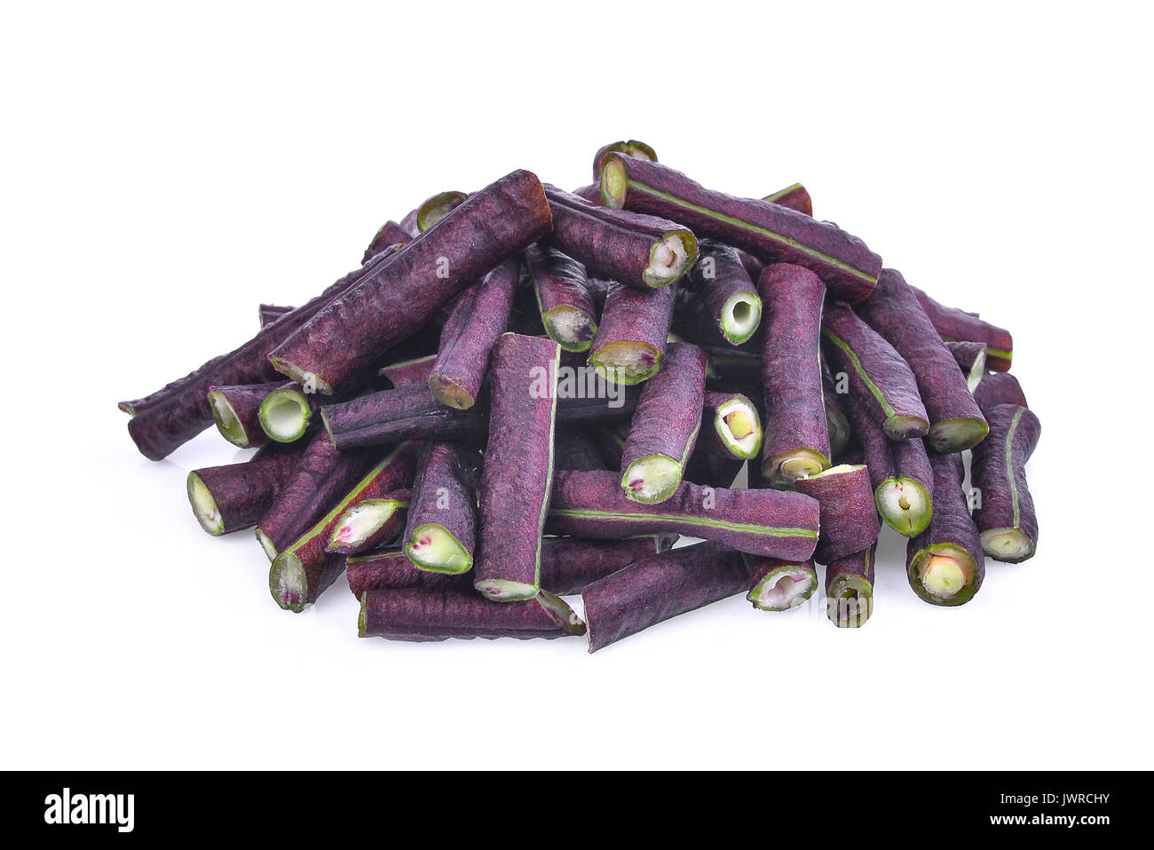 pile of purple or red yard long bean slice isolated on white background ...