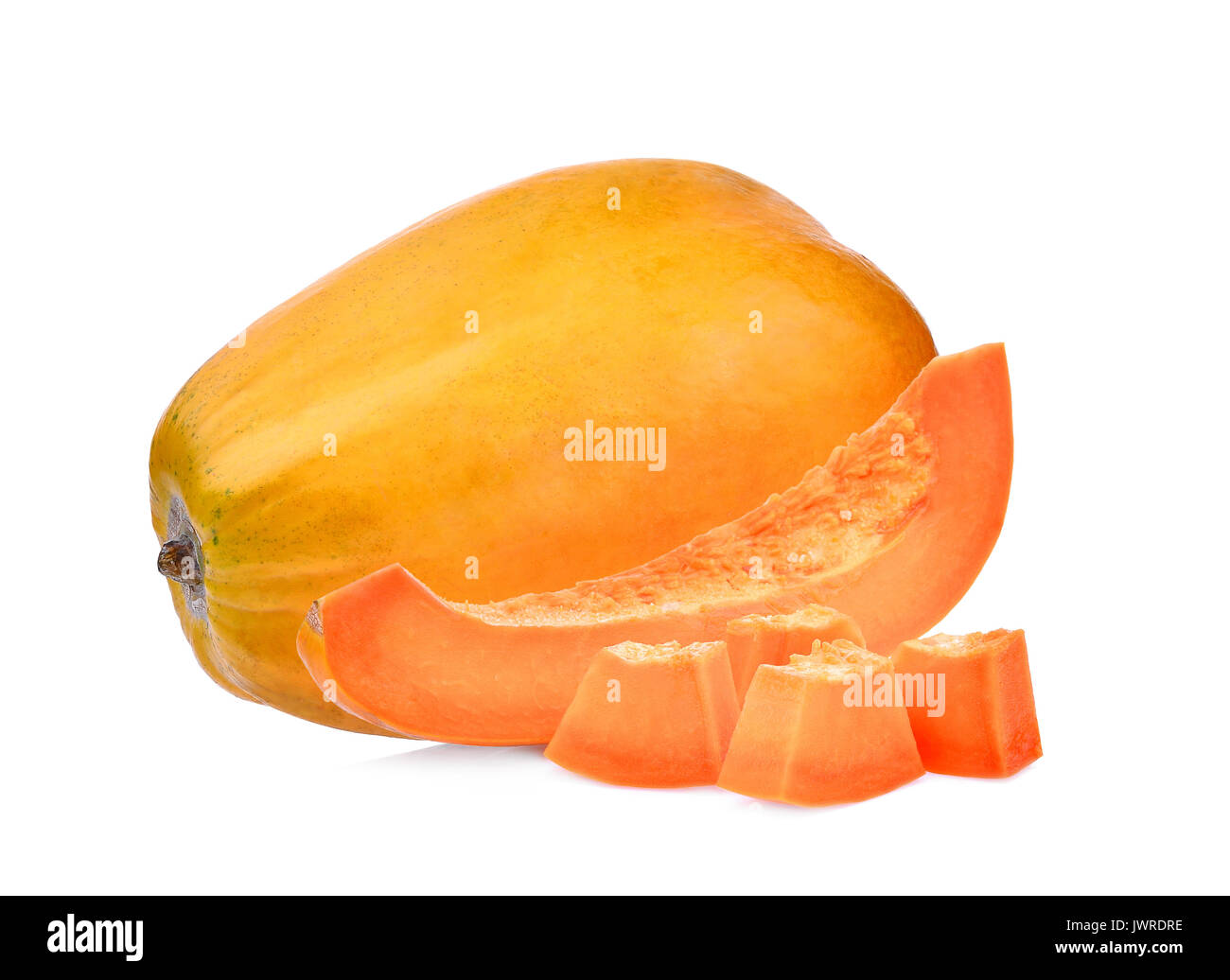 whole and slice of ripe papaya isolated on white background Stock Photo ...