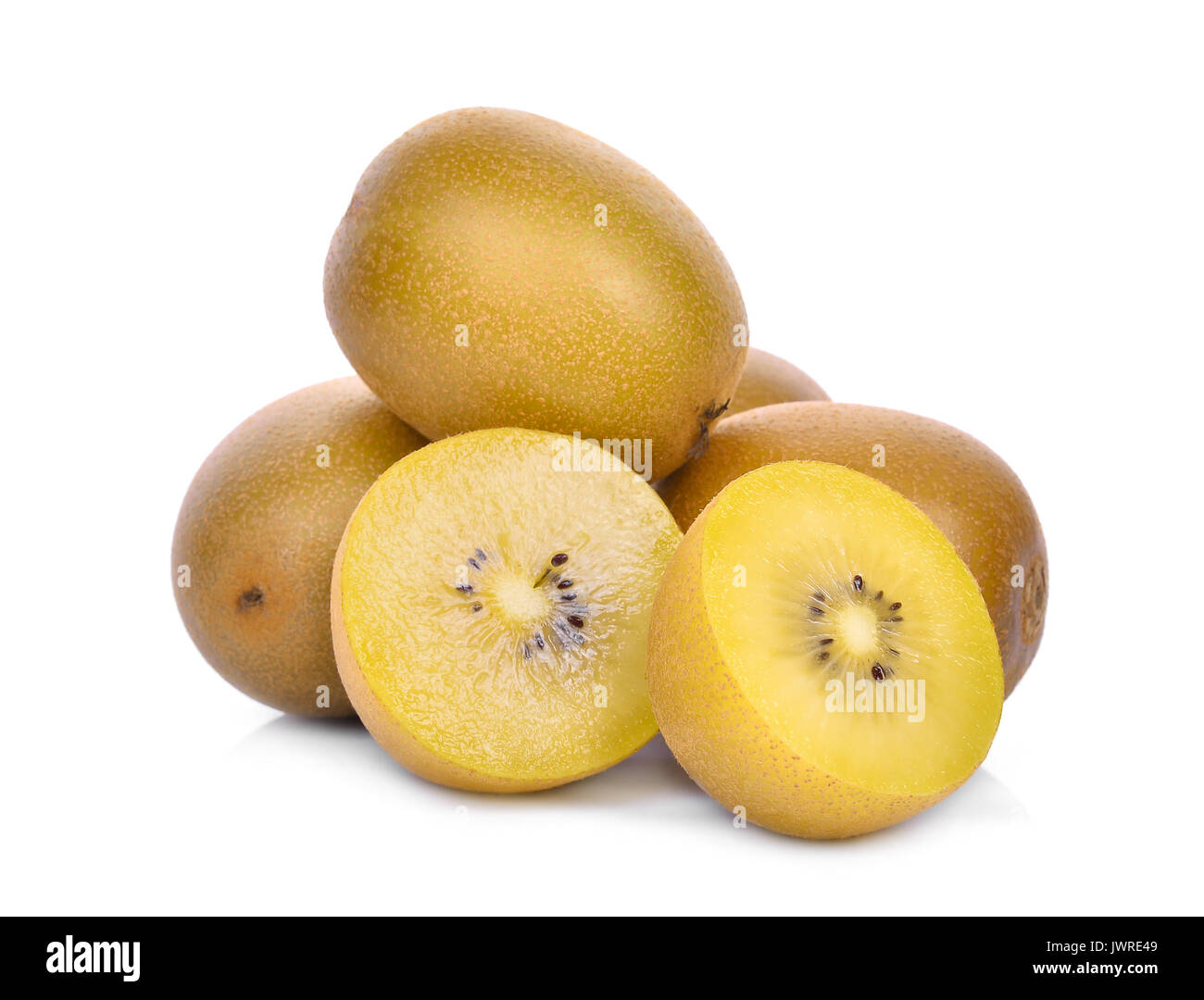 whole and half of yellow or gold kiwi fruit isolated on white ...