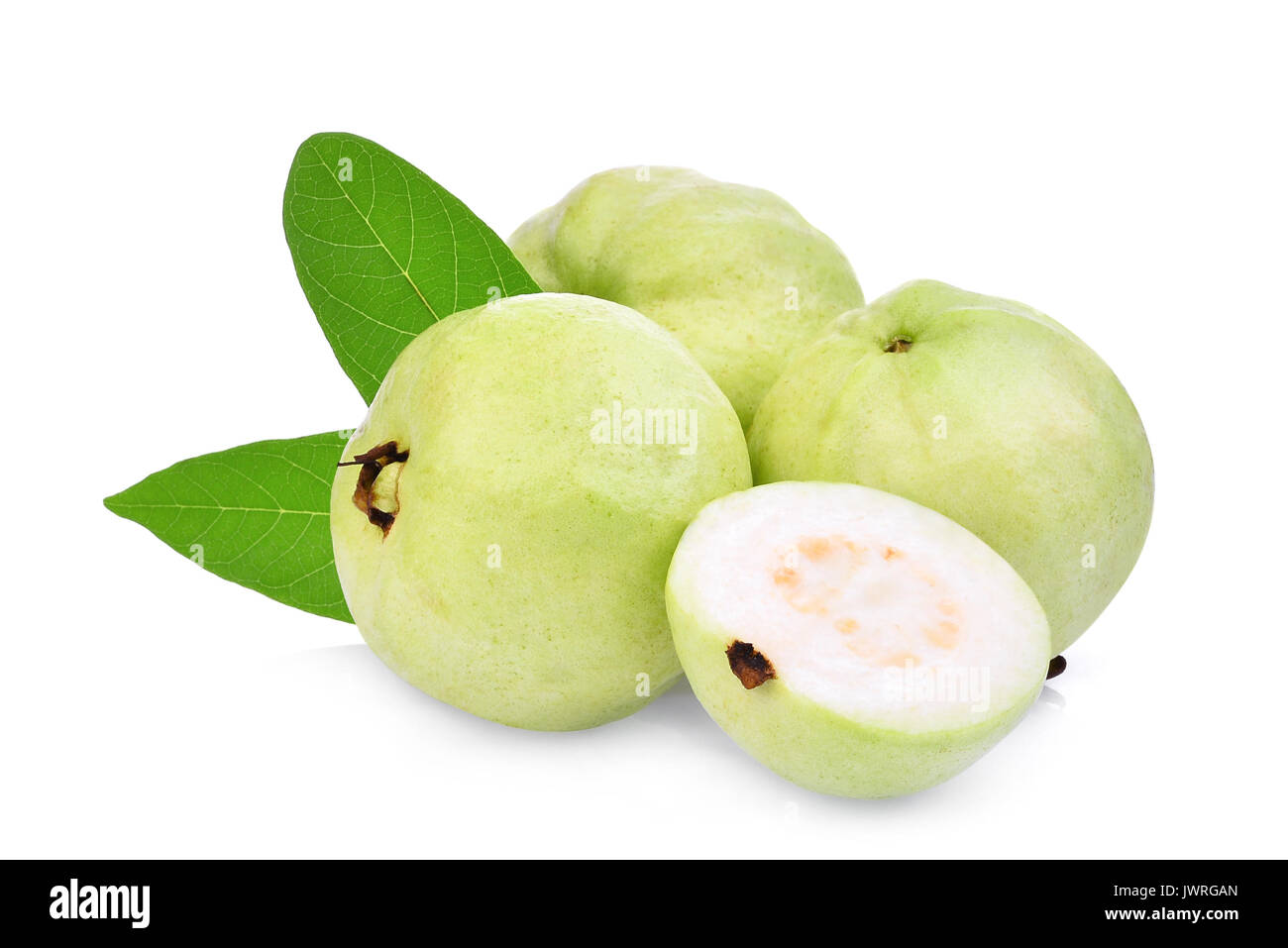 whole and half guava fruit with green leaf isolated on white background ...