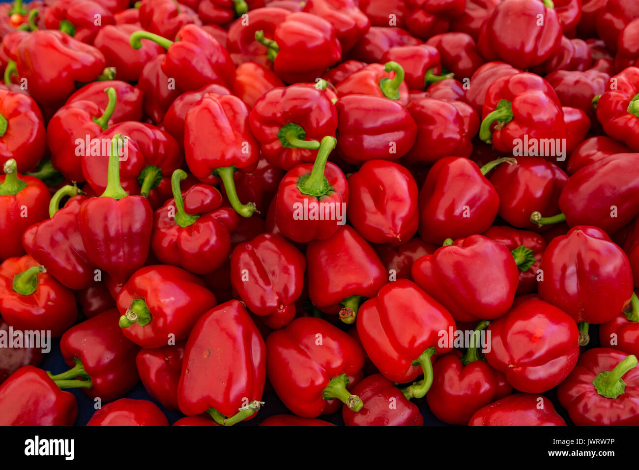 A table is filled with red bell peppers for sale at a market in ...