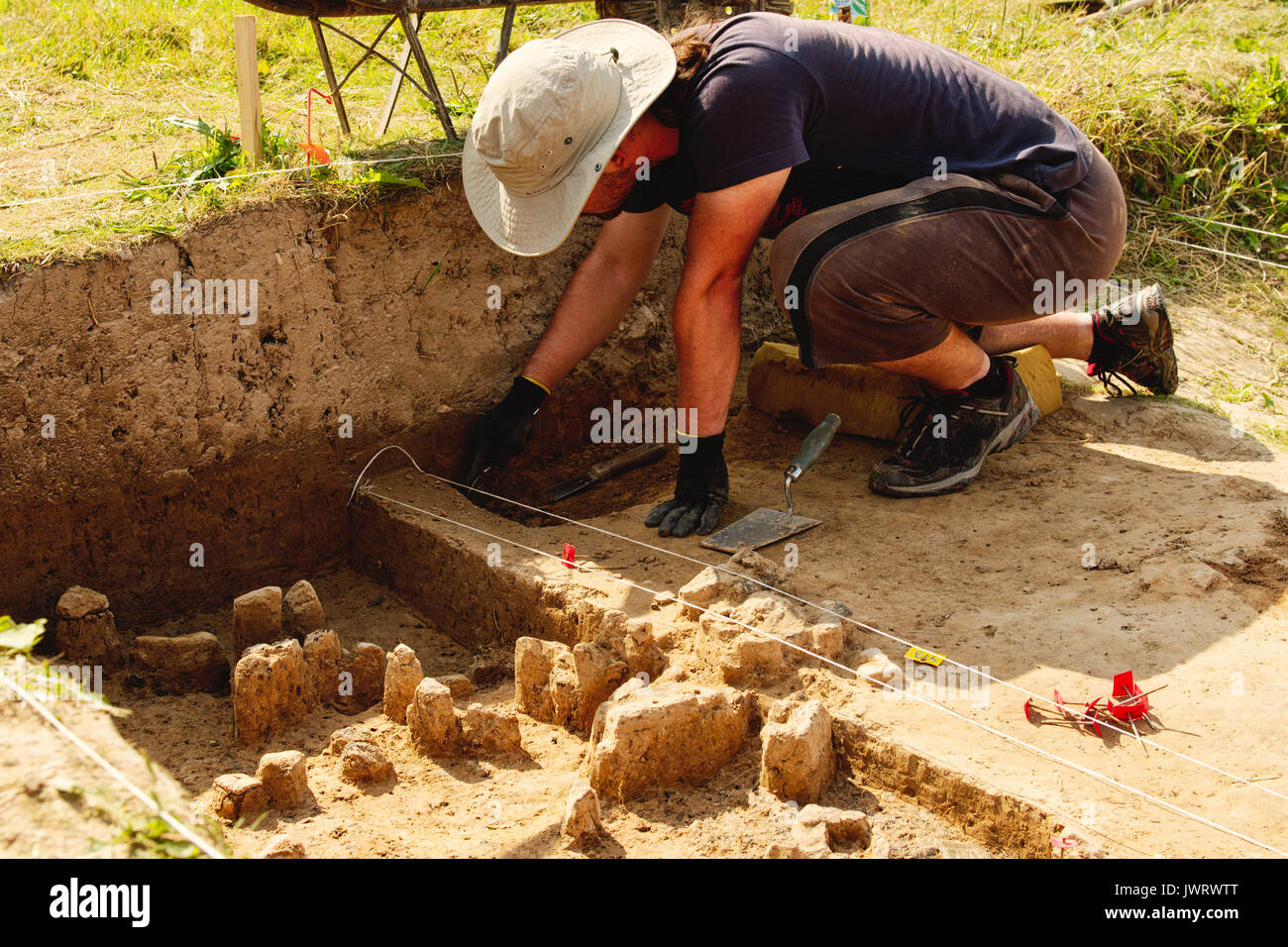 Archeological tools, Archeologist working on site, close-up, hand and ...