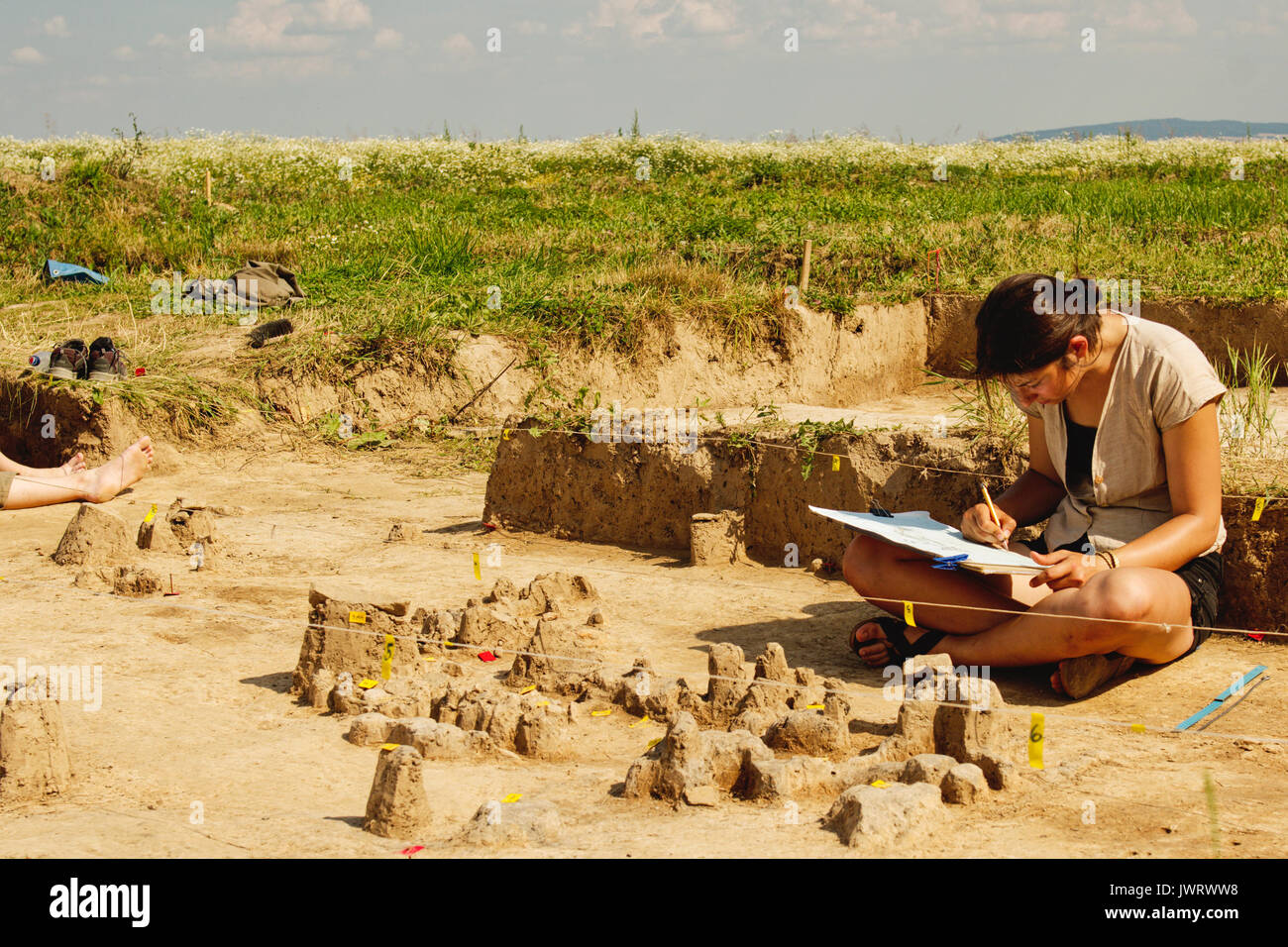 Archeological tools, Archeologist working on site, close-up, hand and ...