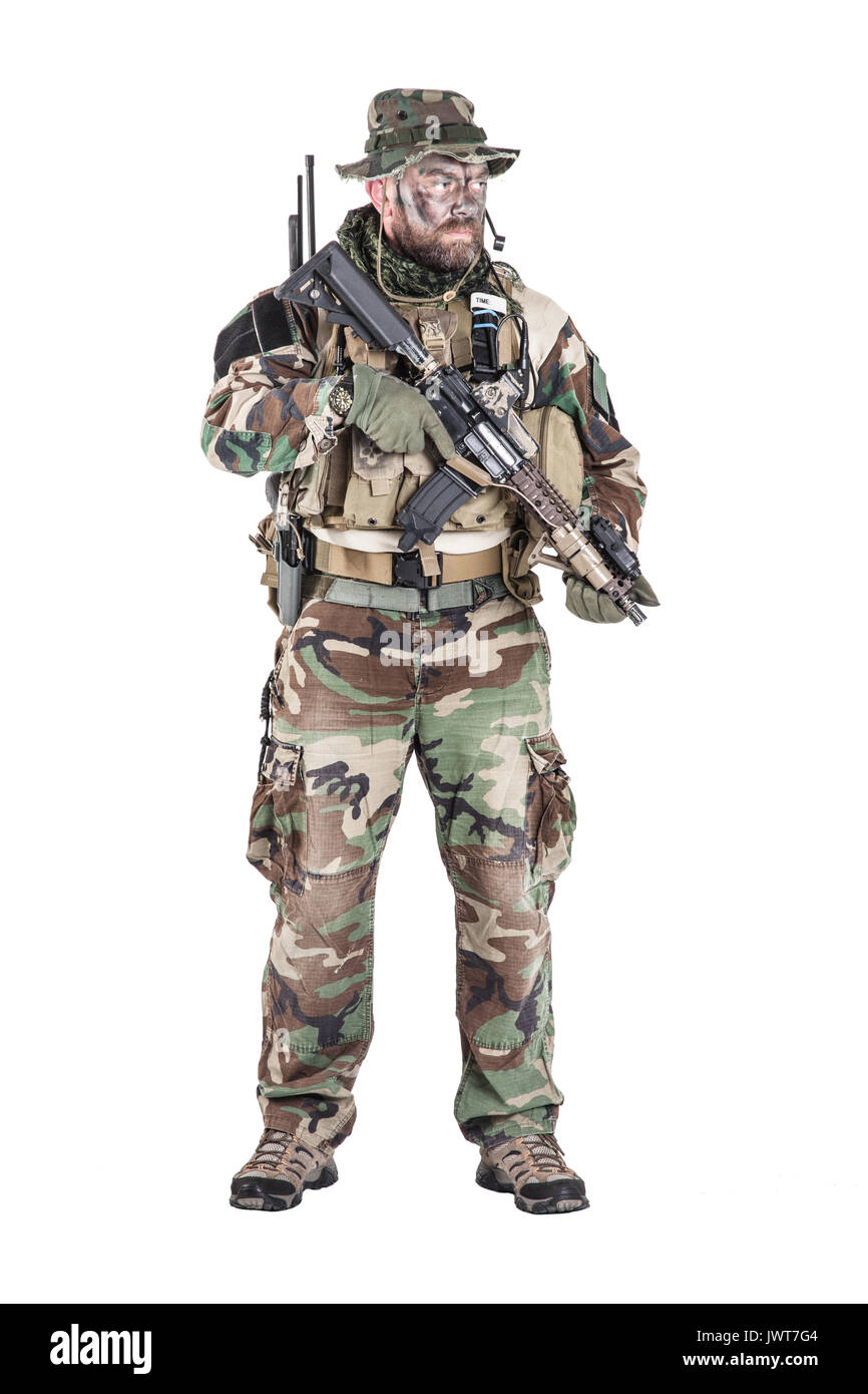 Special forces United States in Camouflage Uniforms studio shot ...