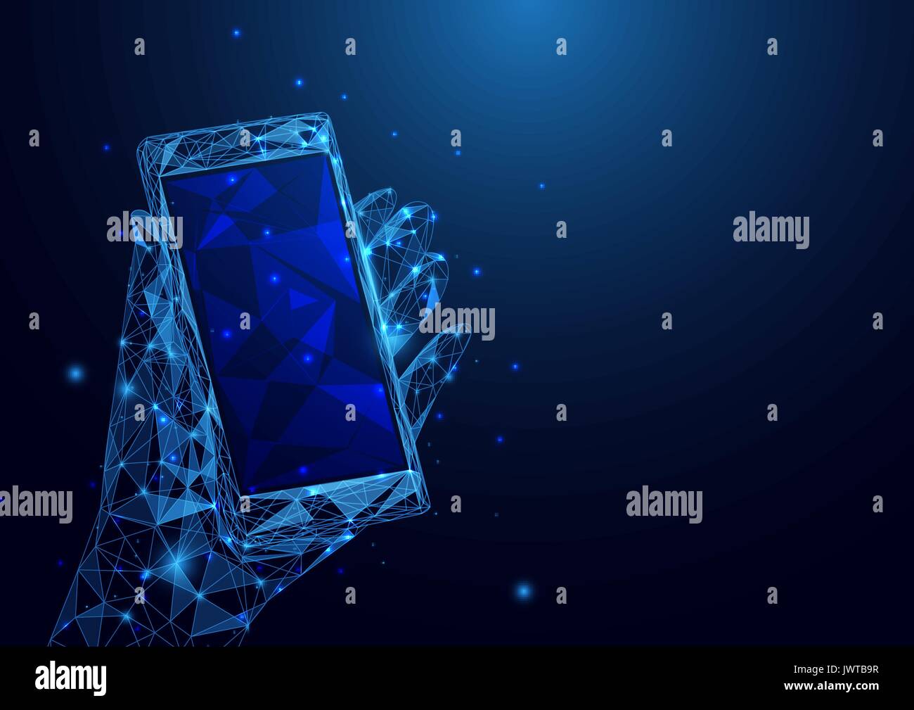 Abstract low polygon a hand holding smartphone wireframe mesh on blue ...