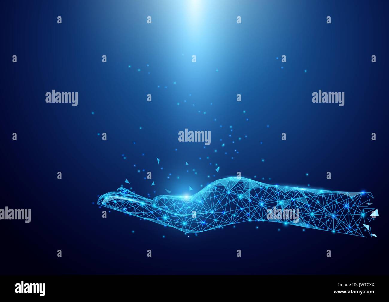Wireframe hand sign mesh from a starry on blue background Stock Vector ...