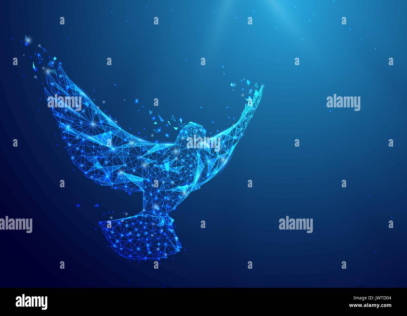 Wireframe Peace dove sign mesh from a starry on blue background ...