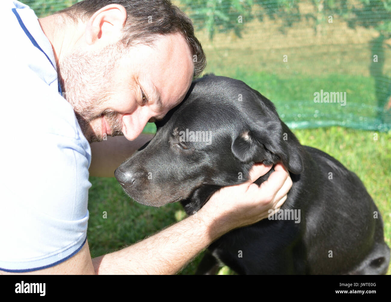 Man cuddling and hugging his black dog and both of them showing love ...
