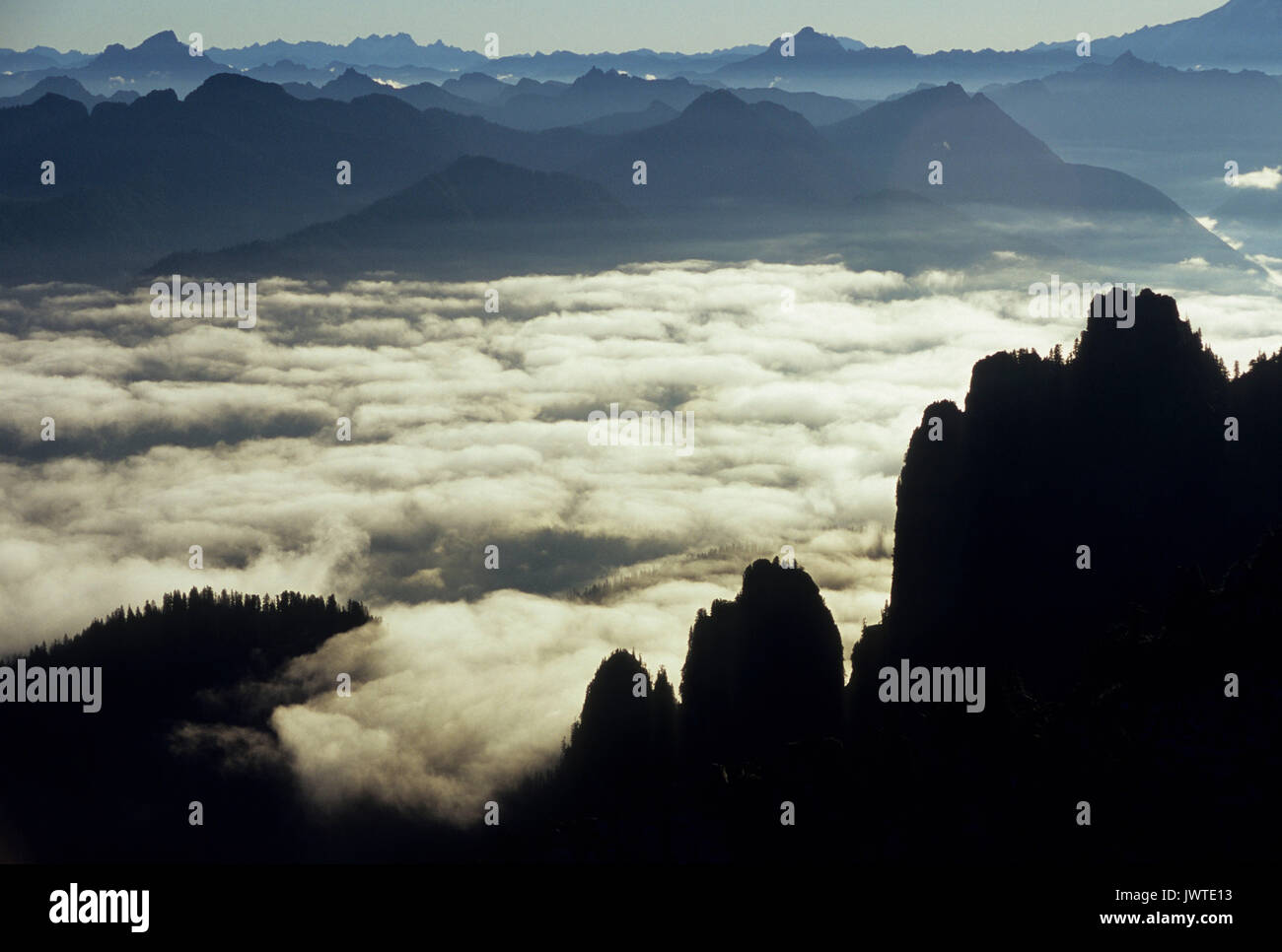 View with clouds from Mt Pilchuck, Mt Pilchuck State Park, Washington ...