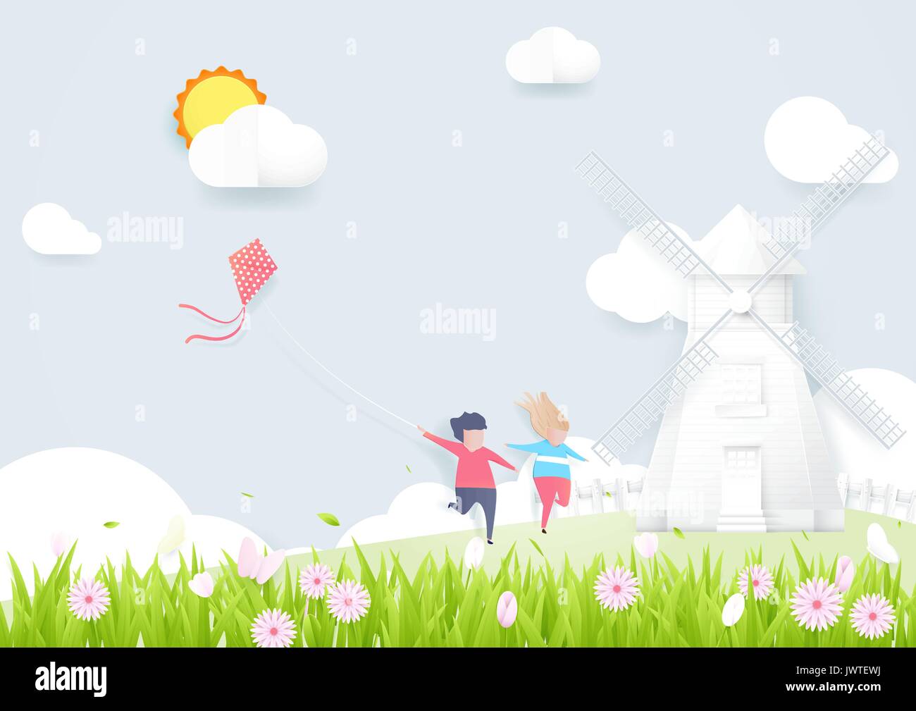 Illustration kids flying kites hi-res stock photography and images - Alamy