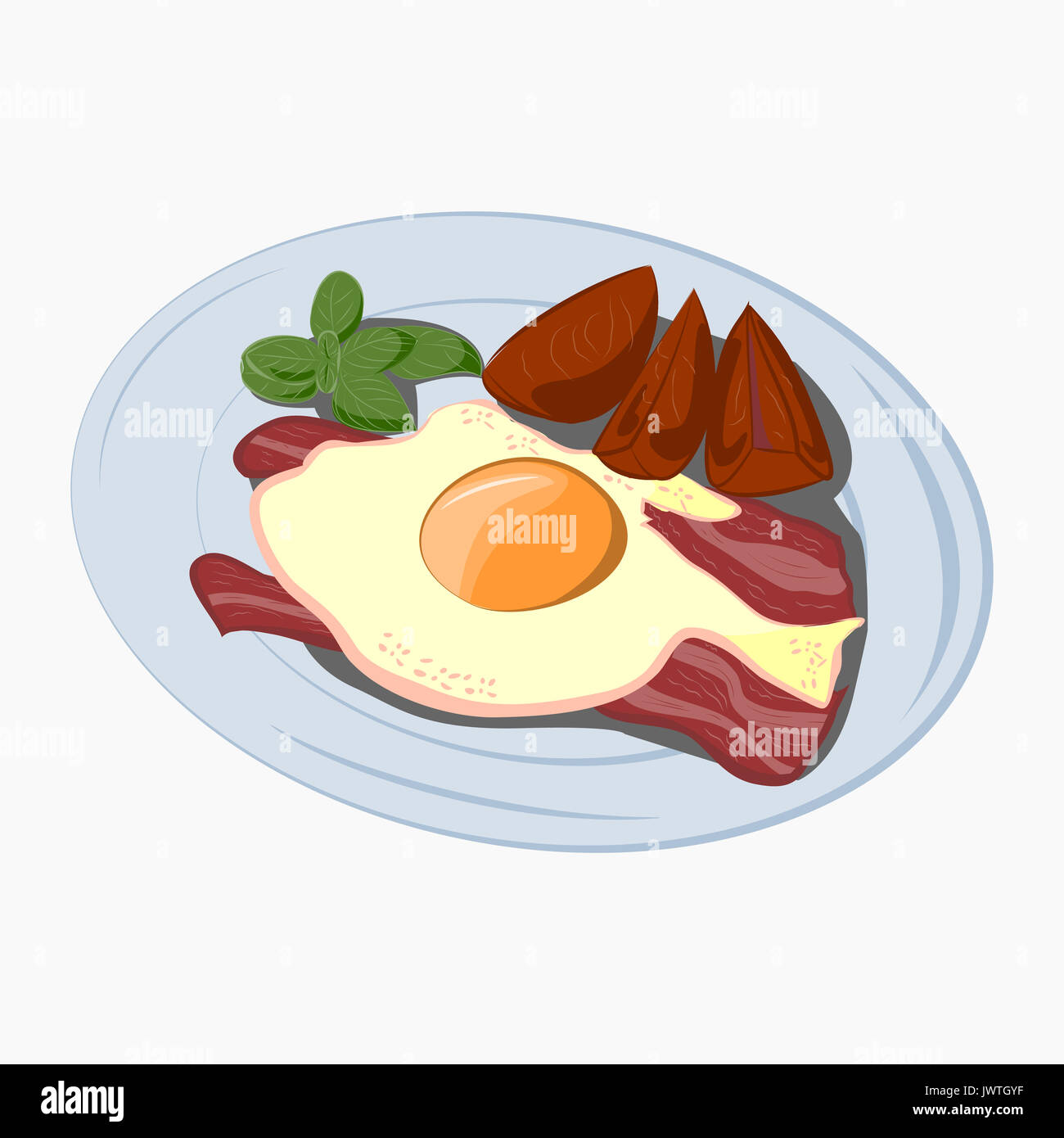 Breakfast cartoon icon with omelette, bacon, basil, tomato stock ...