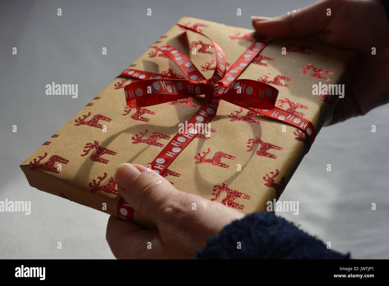 Christmas present in a woman's hands Stock Photo - Alamy