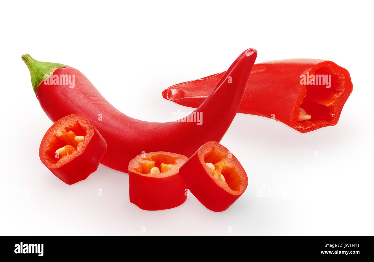 Whole and cut red chili pepper vegetables isolated on white background ...