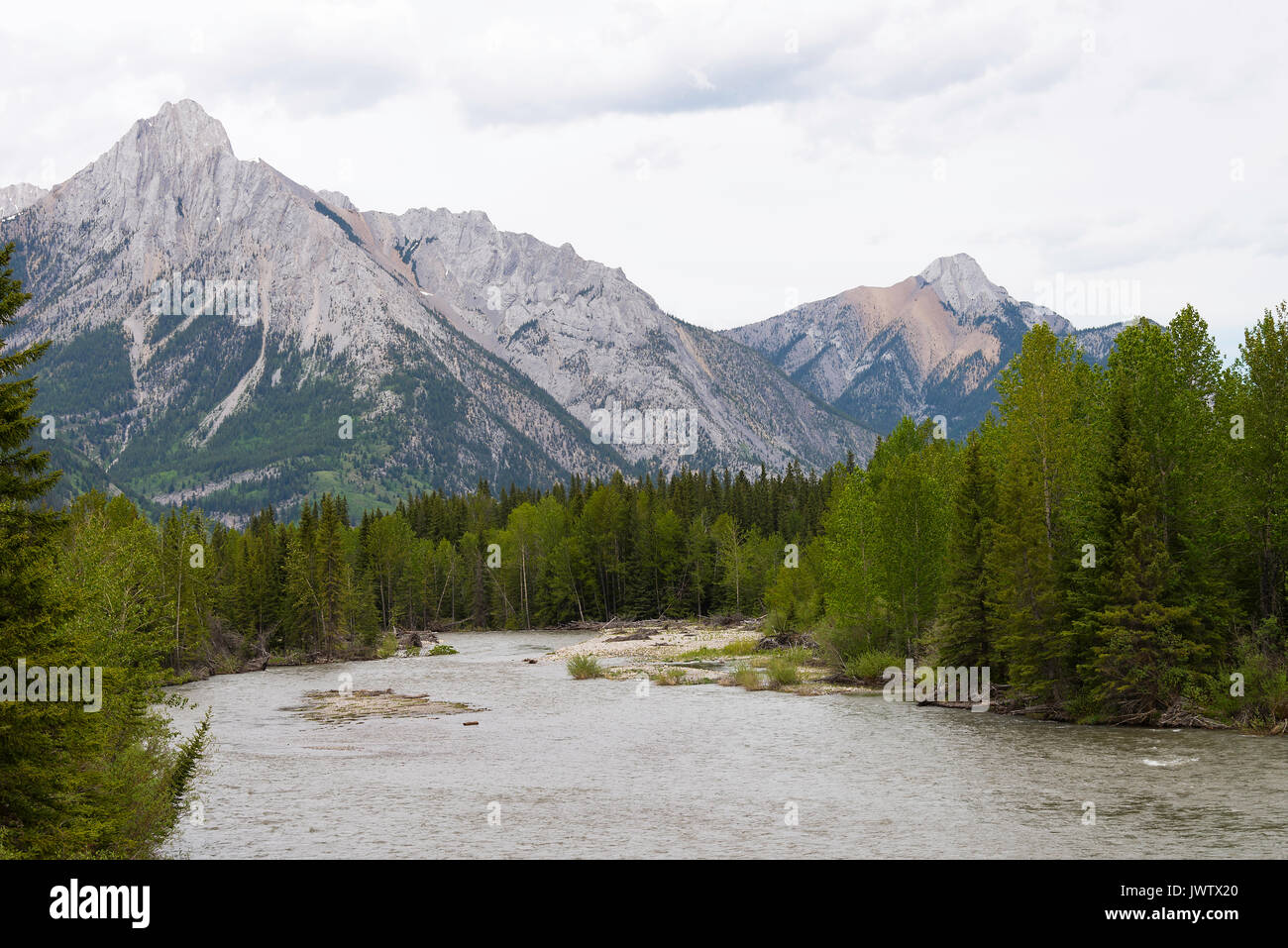 Mount Lorette in the Canadian Rockies with the Kananaskis River and ...