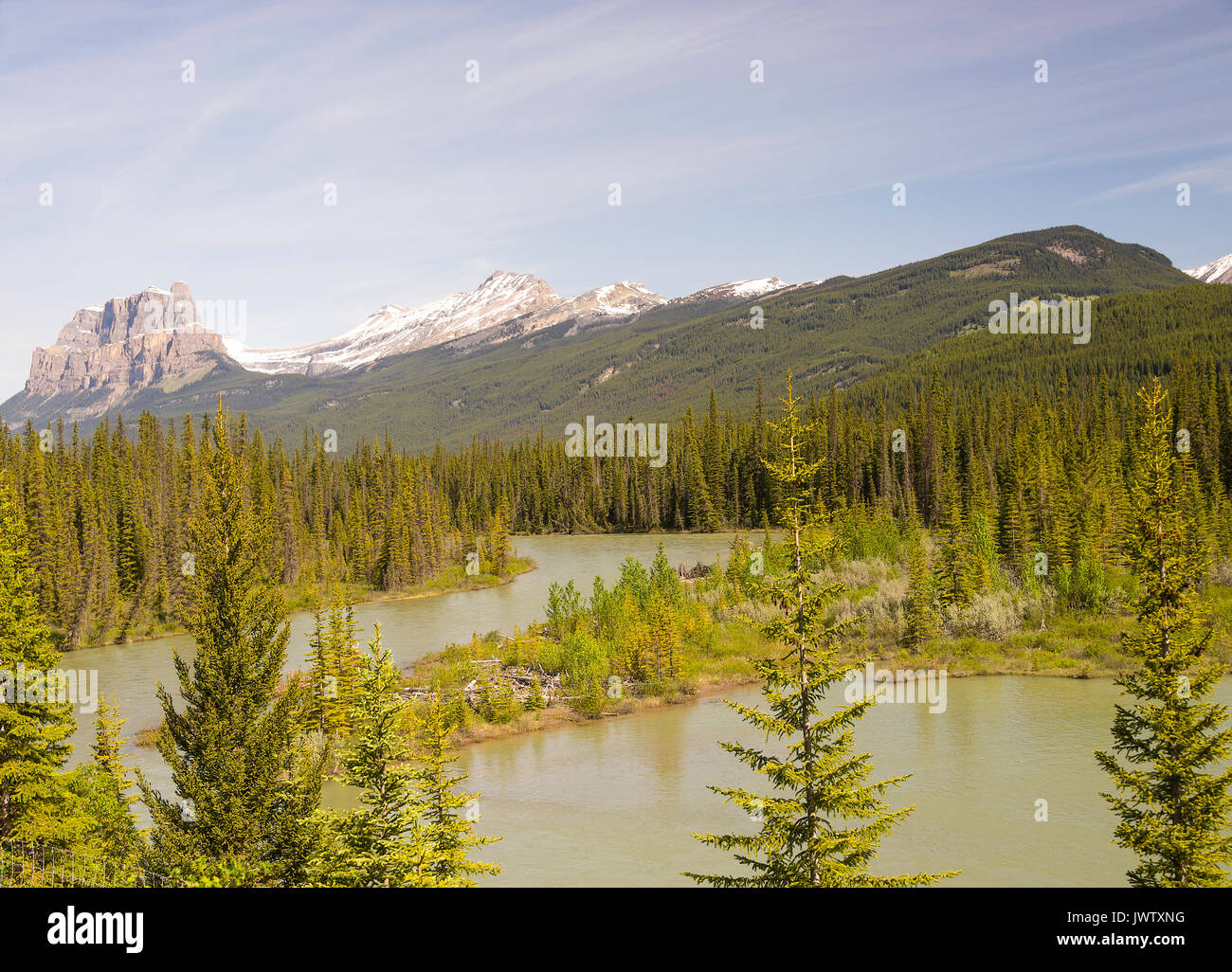 Castle Mountain and the Bow River near Banff in Banff National Park Alberta Canada Stock Photo ...
