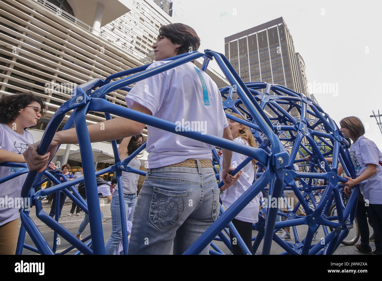 Sao Paulo, Brazil. 13th Aug, 2017. People interact with geometric ...