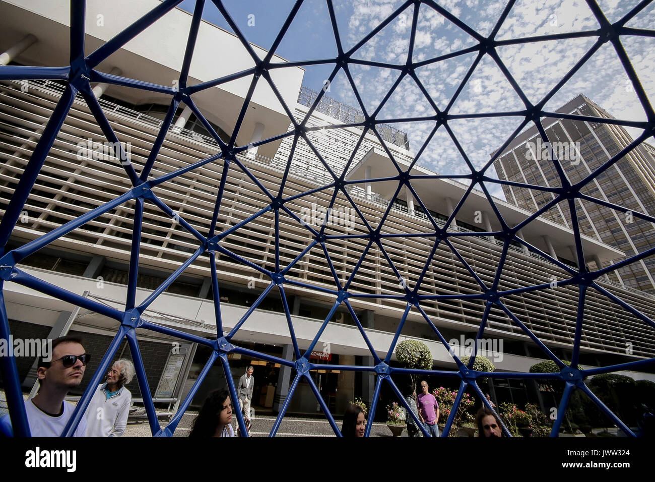 Sao Paulo, Brazil. 13th Aug, 2017. People interact with geometric ...