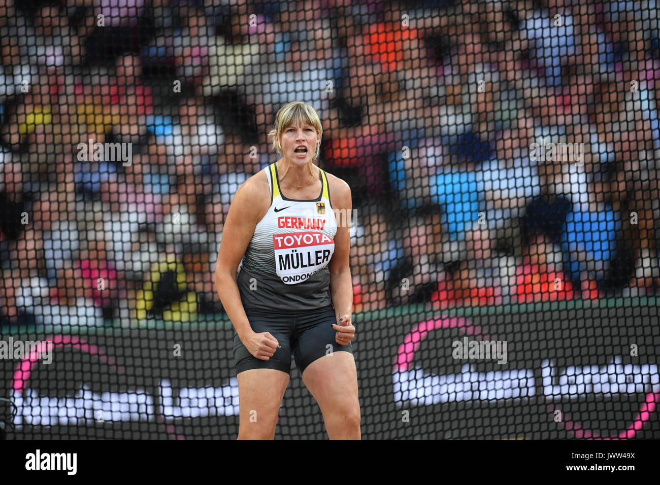 London, UK. 13th Aug, 2017. Germany's Nadine Mueller gestures after her ...
