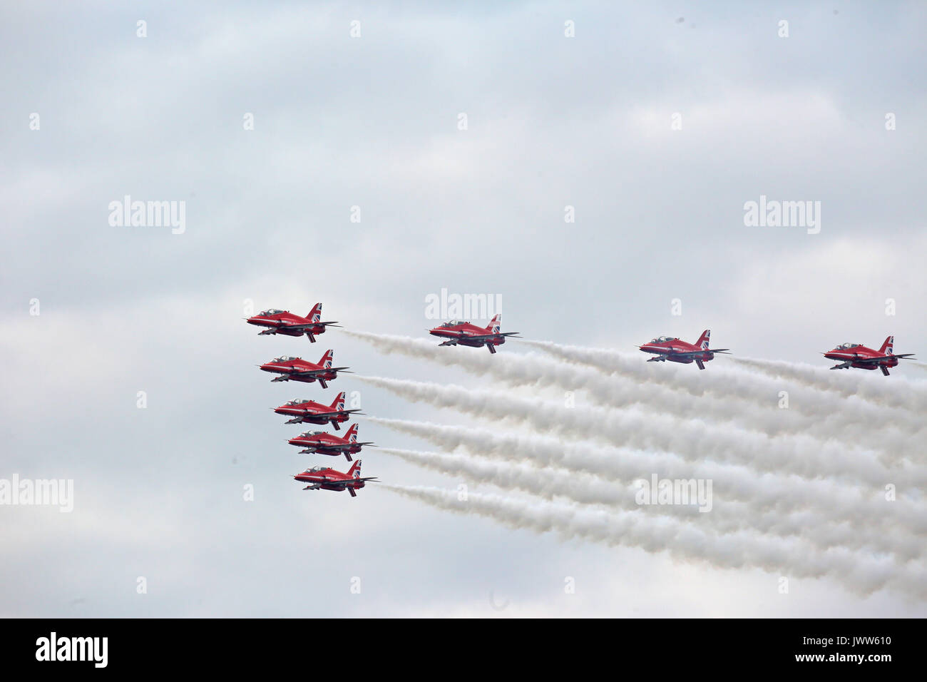 Blackpool, UK. 13th Aug, 2017. The Red Arrows take part in a display in ...