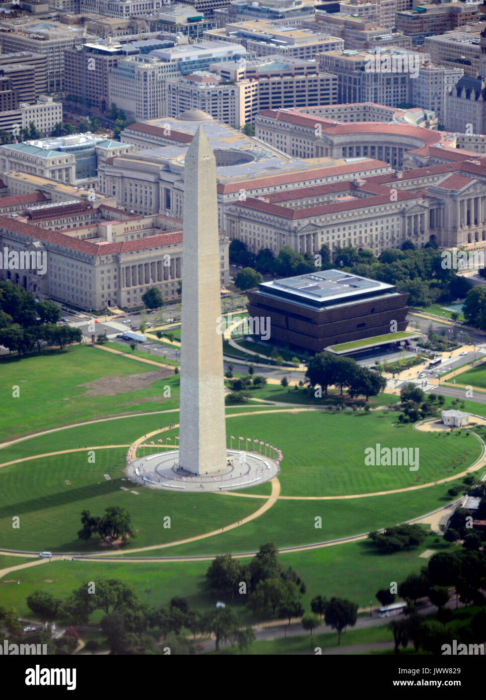 Aerial view of the Washington Monument from the window of a commercial ...
