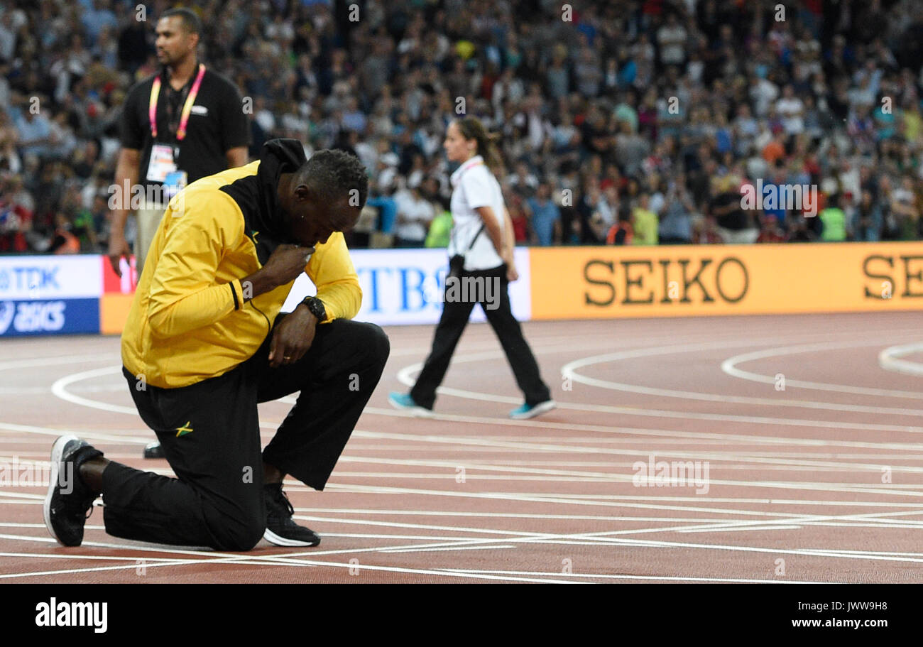 London, UK. 13th Aug, 2017. Jamaican sprinter Usain Bolt kneeling ...