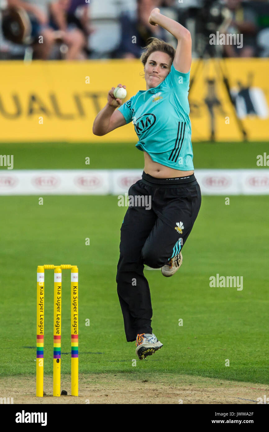 London, UK. 13th Aug, 2017. Natalie Sciver bowling for Surrey Stars ...