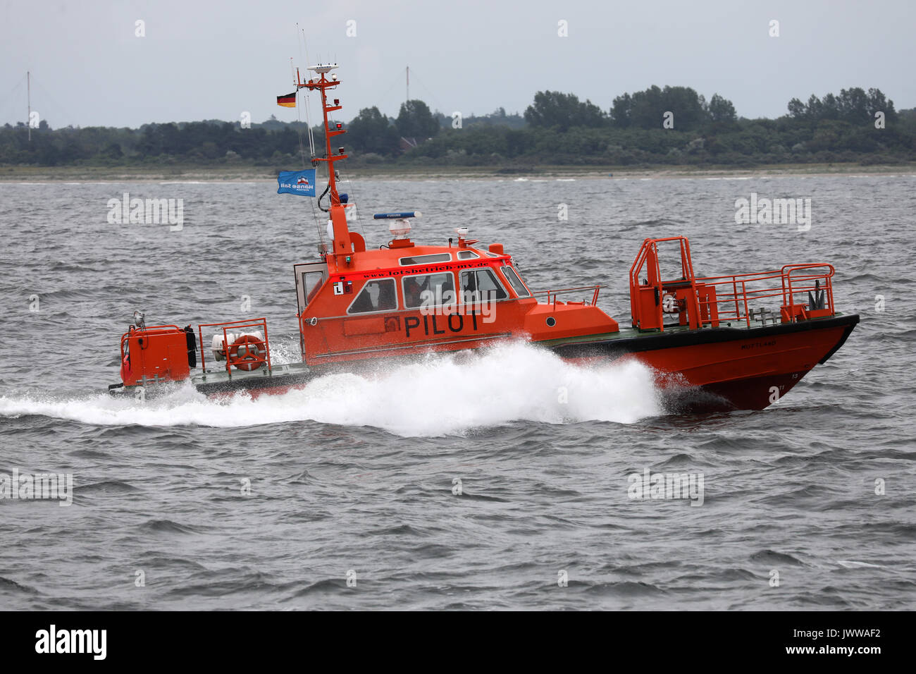 A pilot boat photographed during the squadron trip of the Hanse Sail on the Baltic Sea off ...