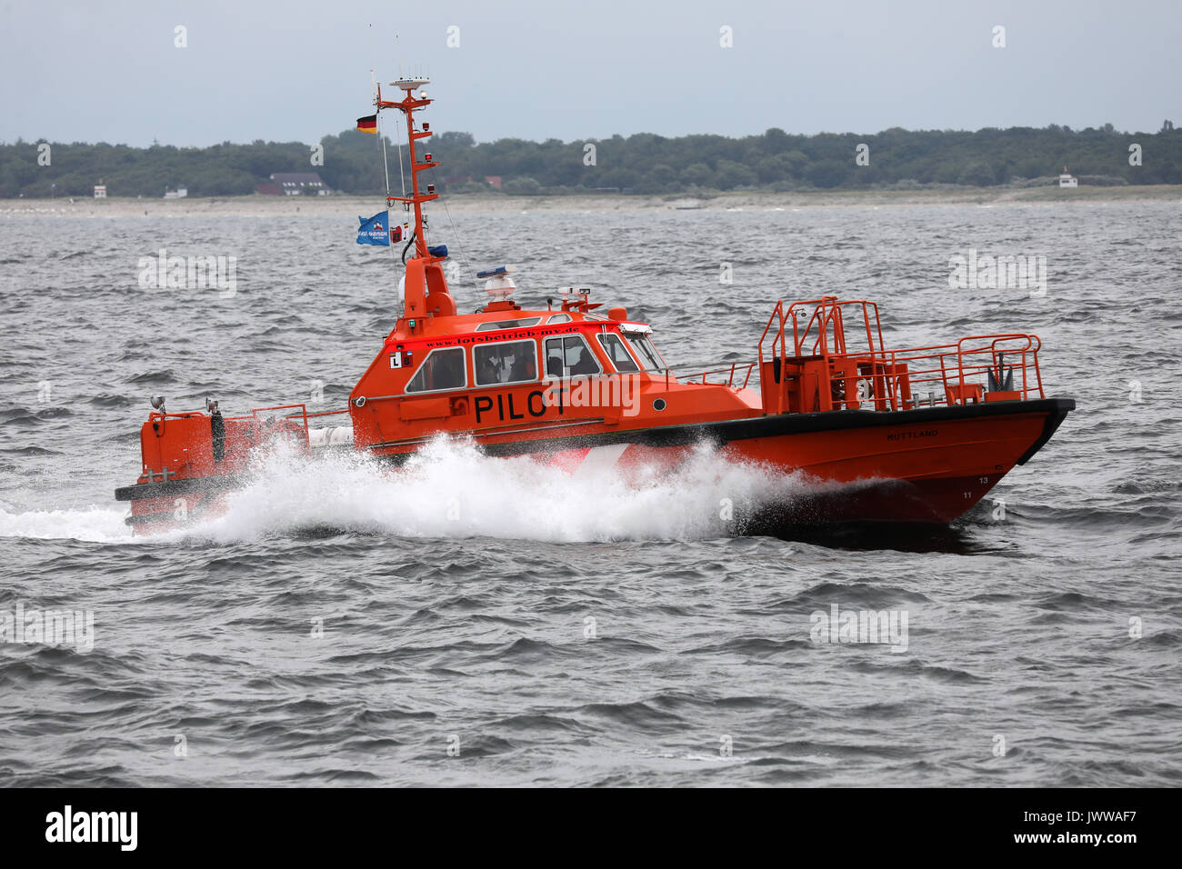A pilot boat photographed during the squadron trip of the Hanse Sail on the Baltic Sea off ...
