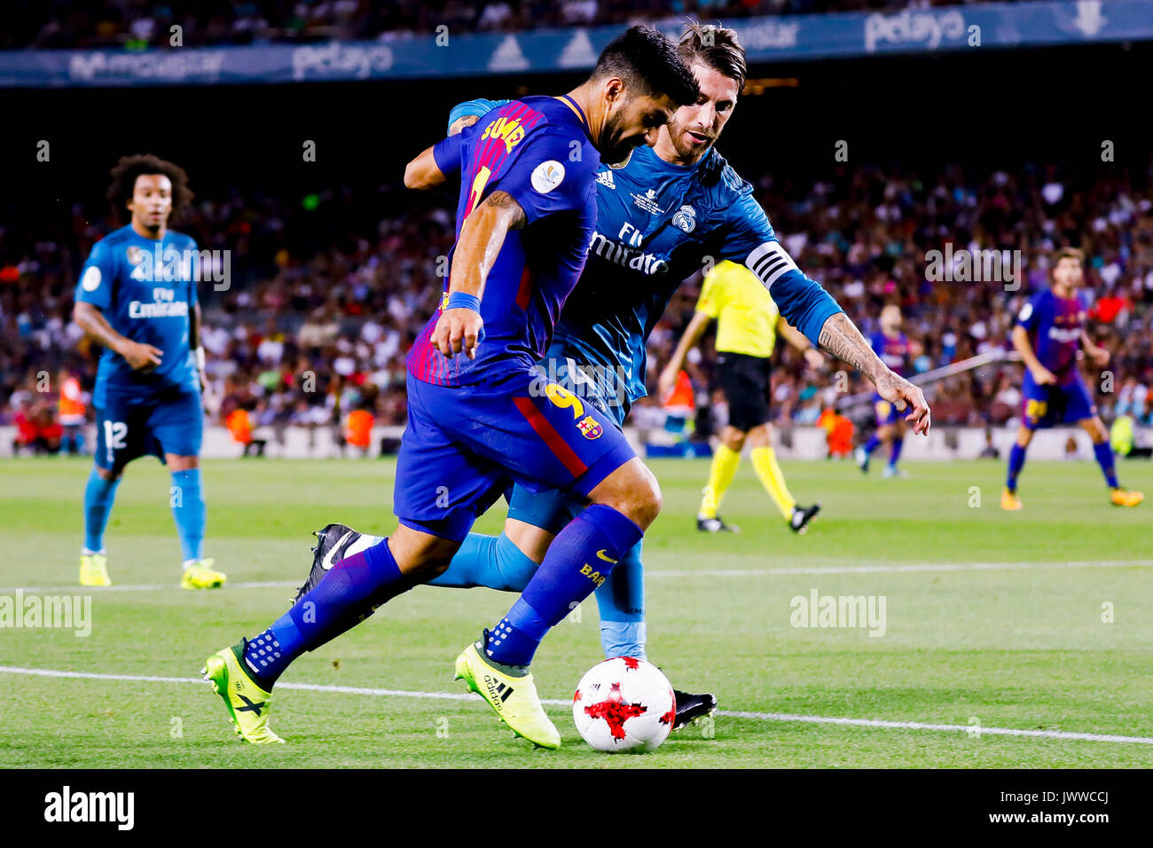 Camp Not Stadium, Barcelona, Spain. 13th of August, 2017. Suarez and ...