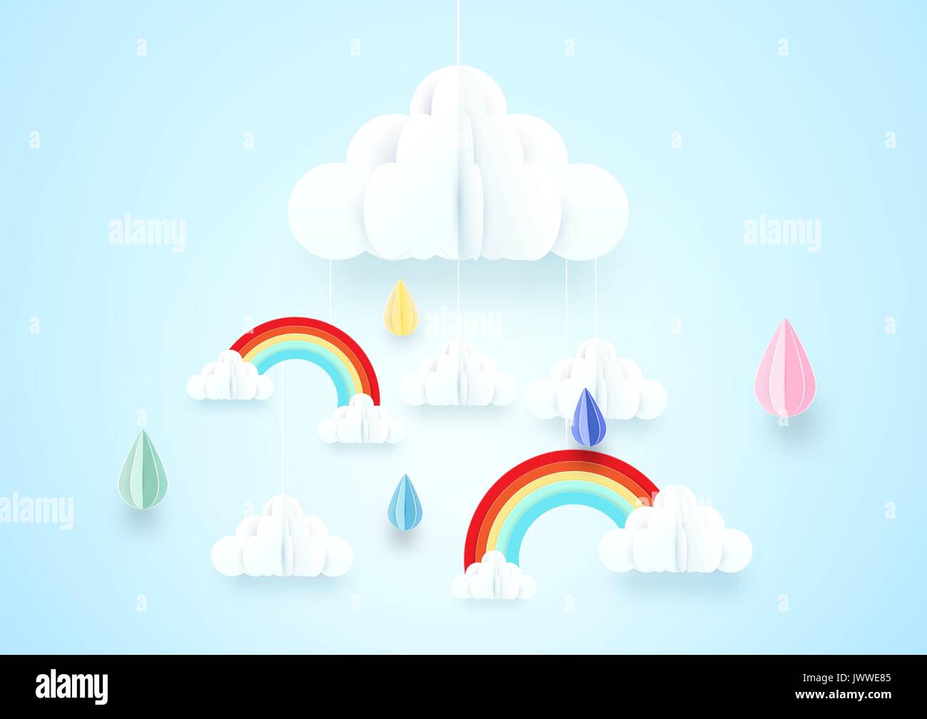 Paper art concept. Rainy and cloud with rainbow on soft blue background ...