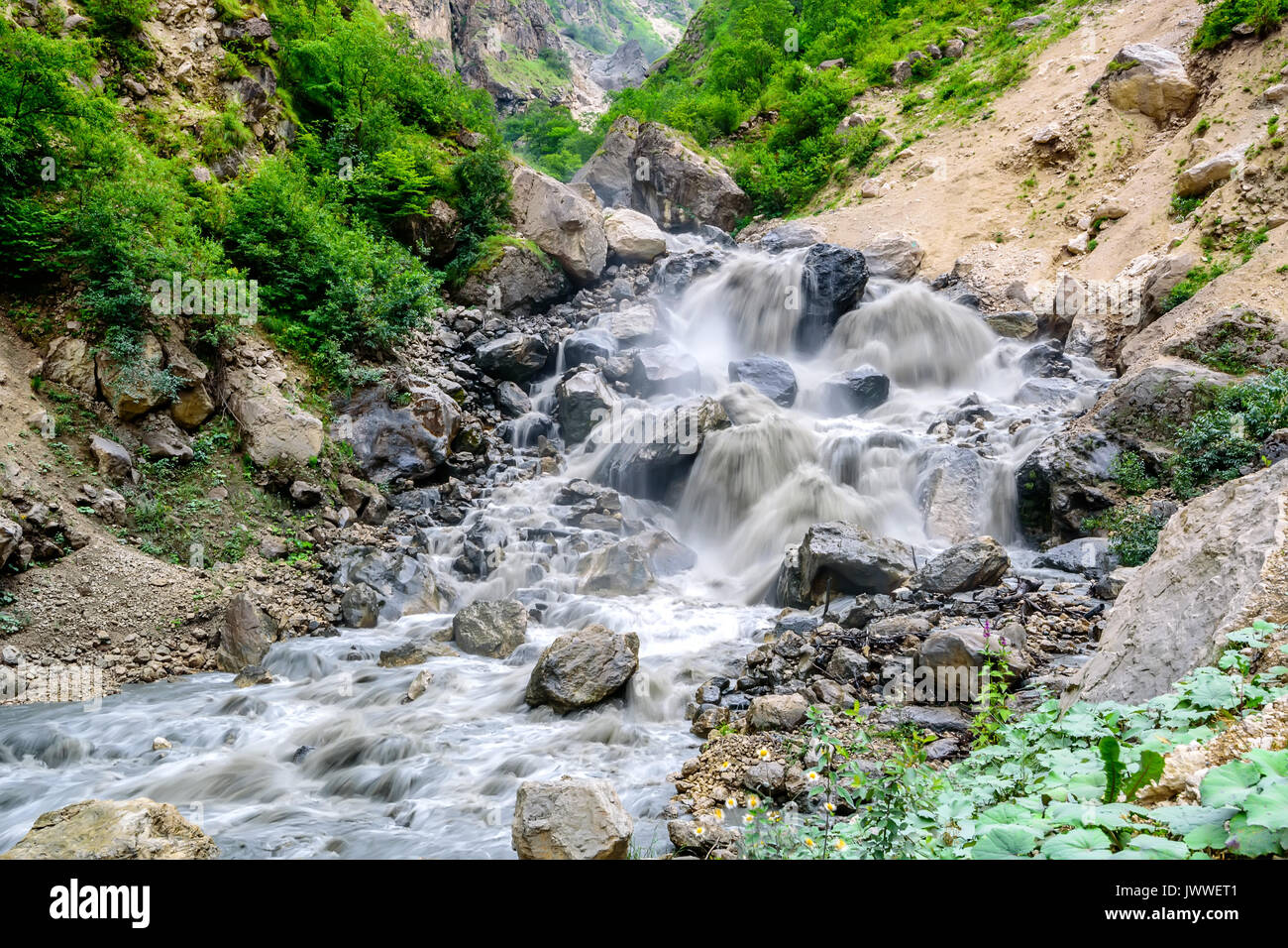 Summer landscape with mountain wild stream Stock Photo - Alamy