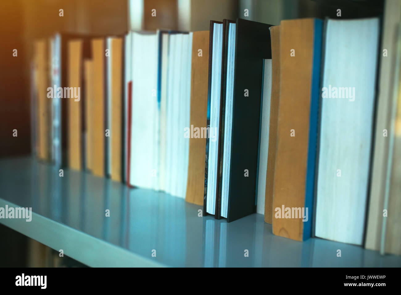 Books on library shelf through window, selective focus Stock Photo - Alamy