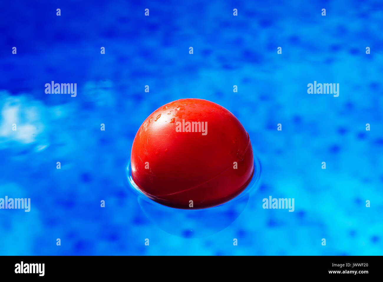 Red ball floating in clear blue swimming pool water, plaything in ...