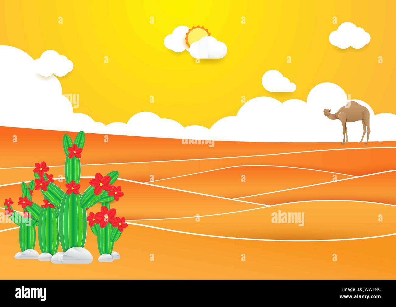 Desert landscape. Cactus and camel in desert with Sunset on a ...