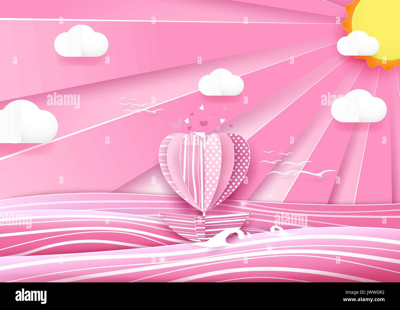 Heart shape boat in the sea and cloud sky. Love concept. Paper art and ...