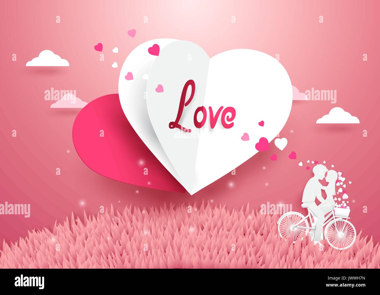 Love concept background. White and Red Heart flying over grass with ...