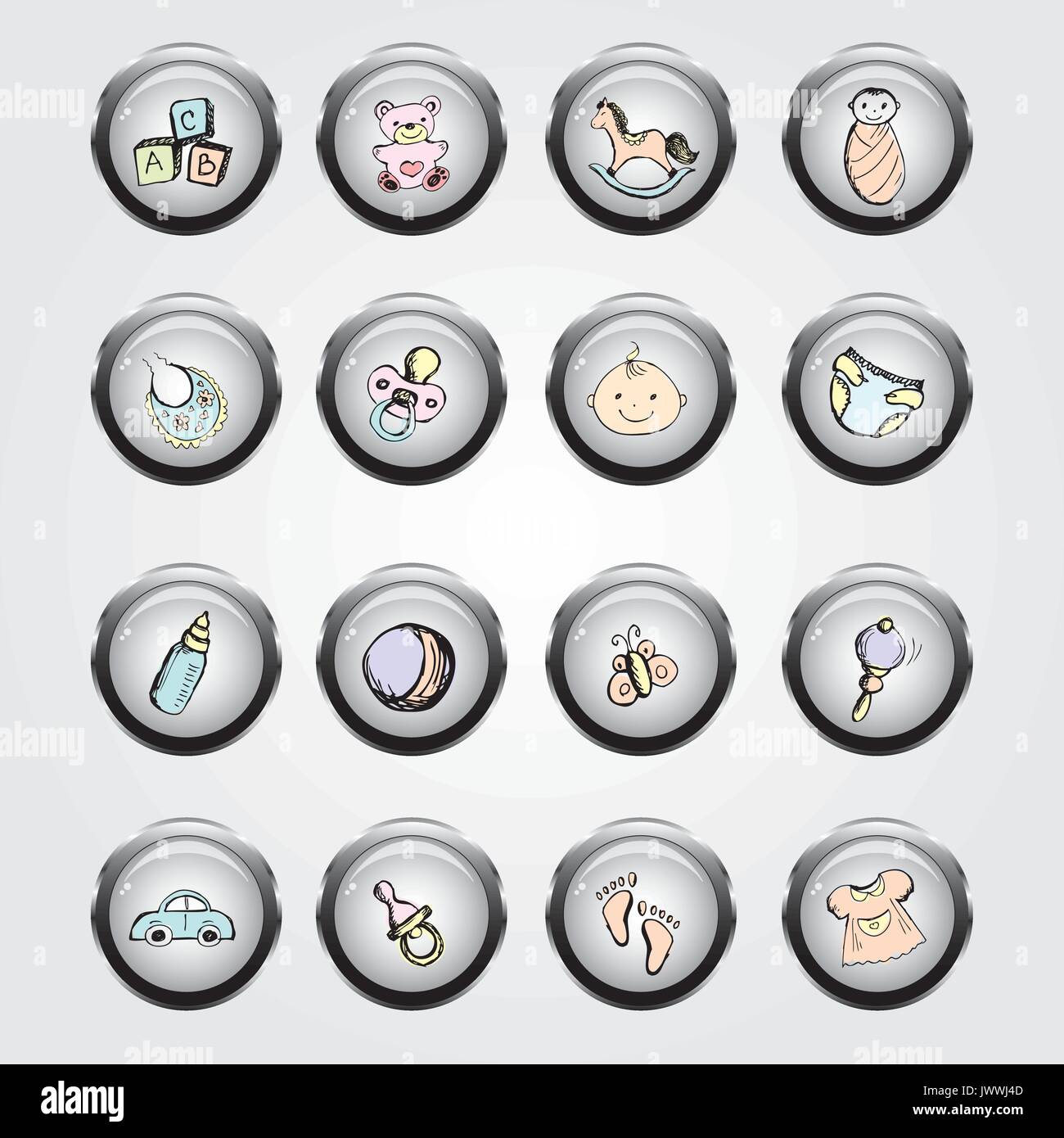 Glossy Icons newborn baby items,accessories and toys, hand drawing ...