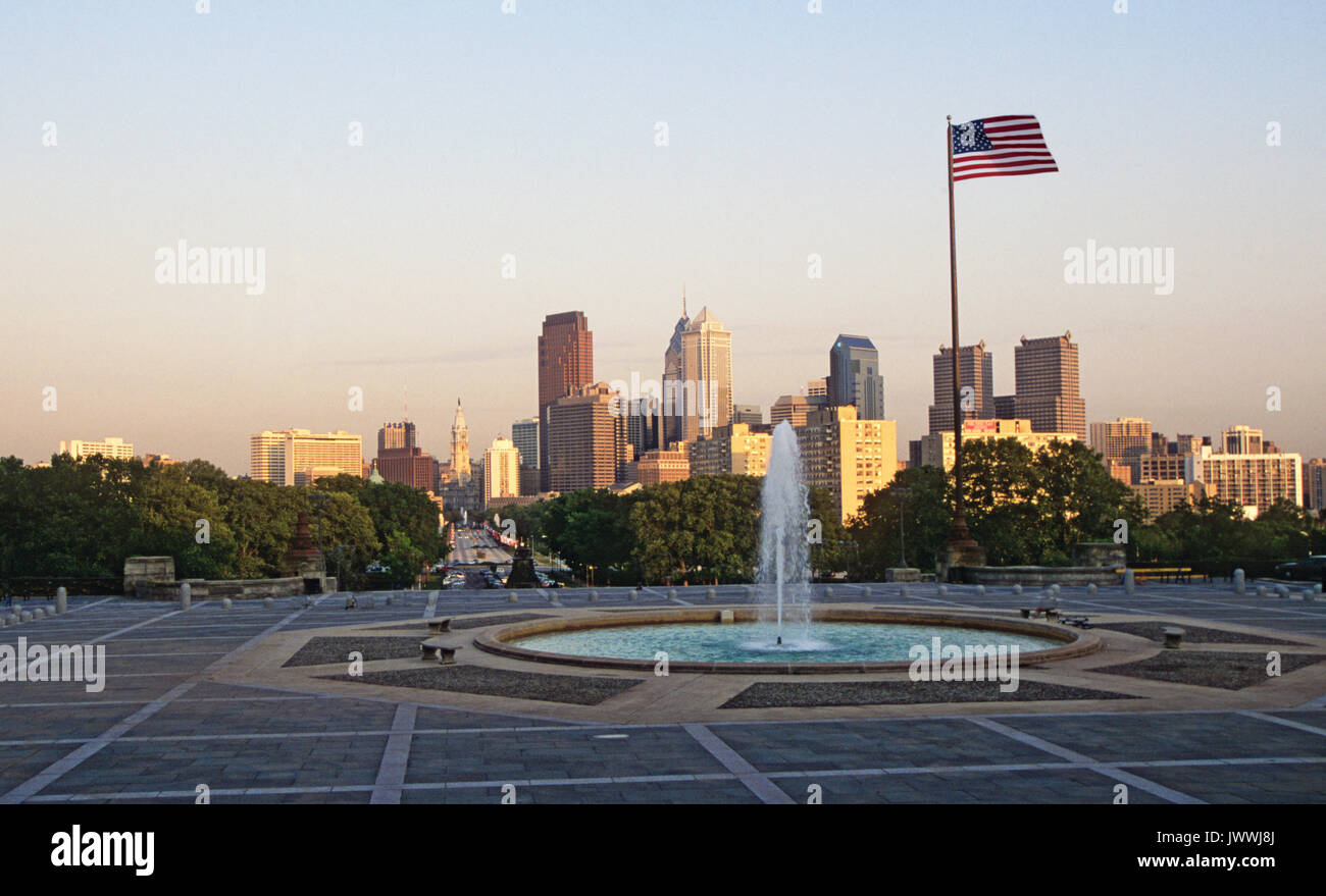 The Philadelphia skyline at sunset from the Rocky Steps above the city ...