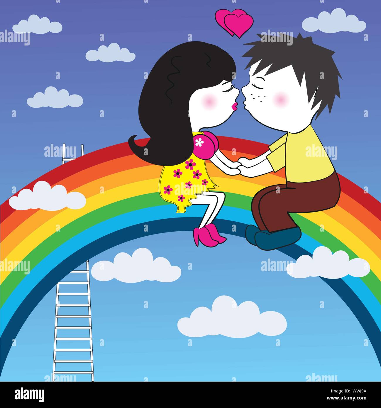 Loving couple sitting on a rainbow and kisses, vector illustration ...
