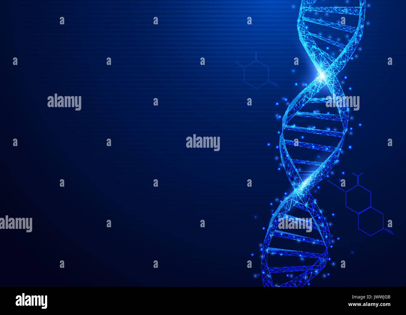 Wireframe DNA molecules structure mesh from a starry on blue background ...