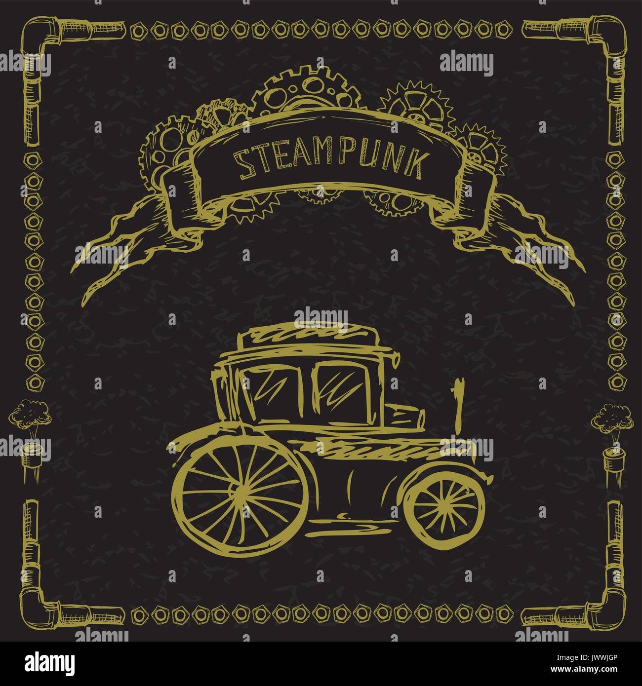 steampunk Retro cars on black , hand drawn vector illustration Stock ...