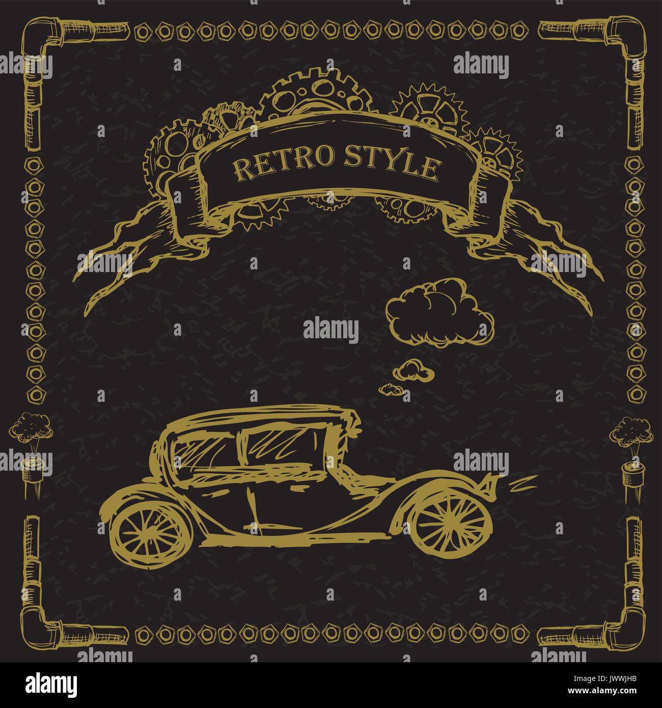 steampunk Retro cars on black , hand drawn vector illustration Stock ...