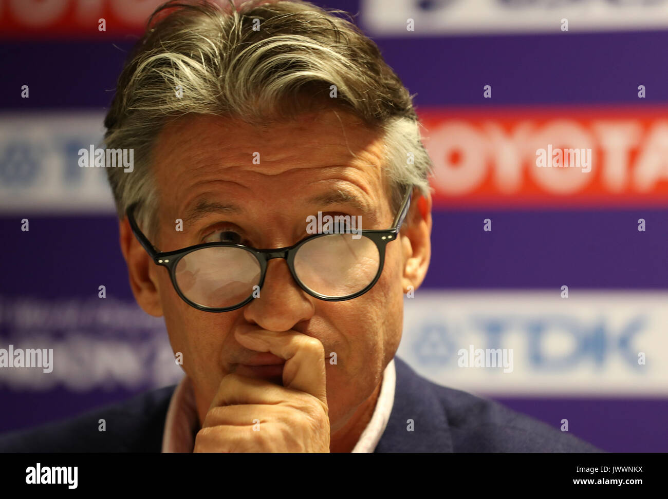 President of the IAAF Lord Sebastian Coe attending a press conference ...