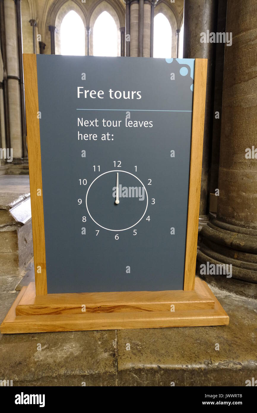 Free tours sign inside Salisbury Cathedral, Wiltshire,UK Stock Photo ...