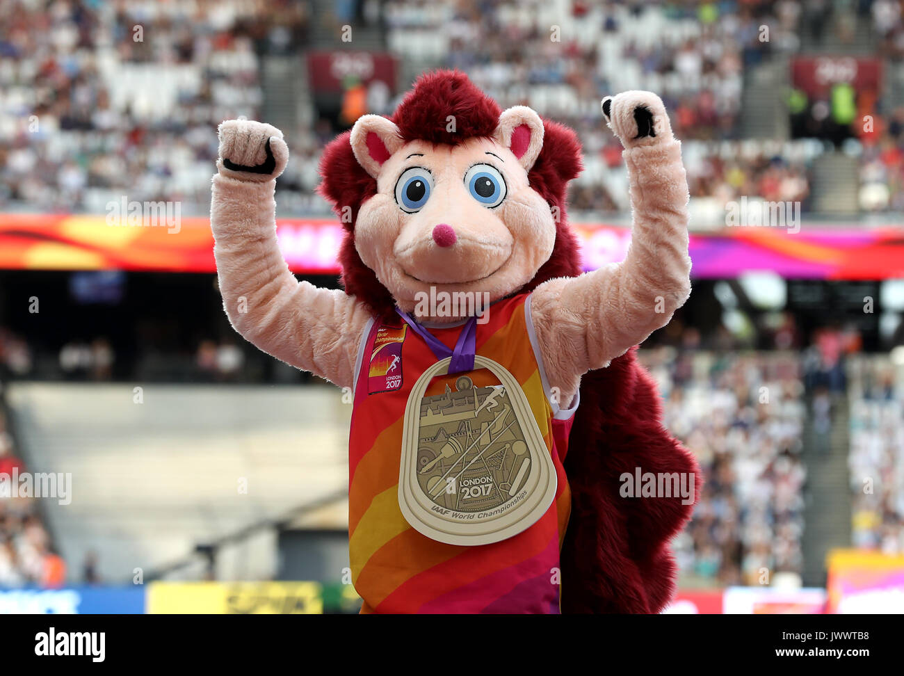 Event mascot Hero the Hedgehog poses during day ten of the 2017 IAAF ...