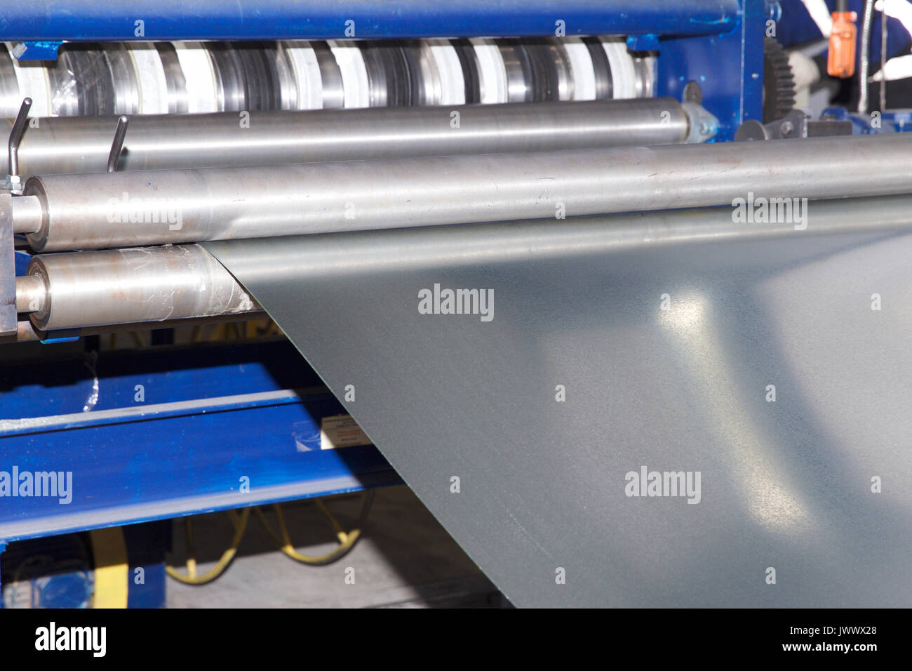 Process of cutting a wide sheet of metal into narrow strips on a ...