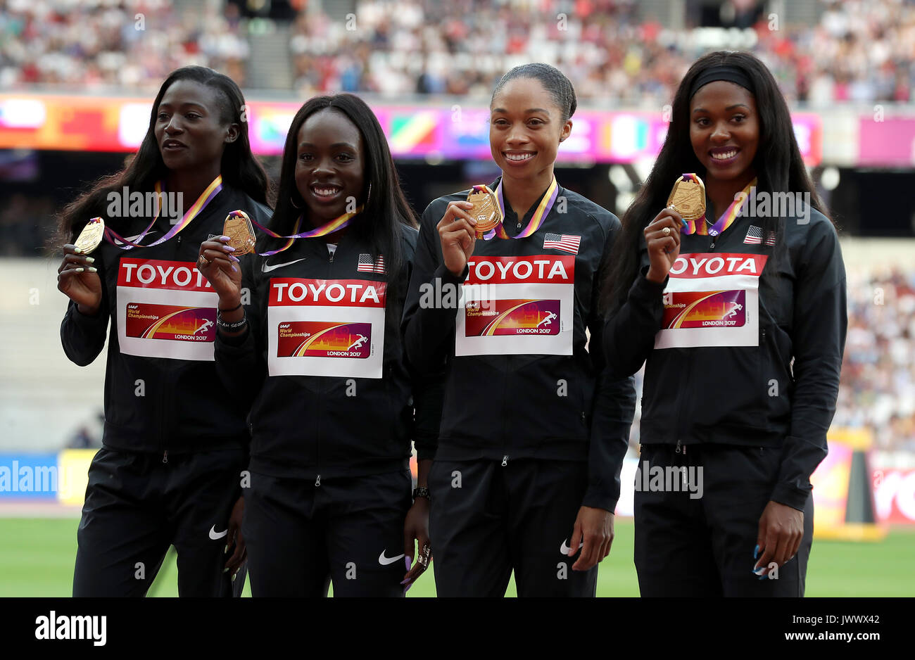 USA's Tori Bowie, Morolake Akinosun, Allyson Felix and Aaliyah Brown ...